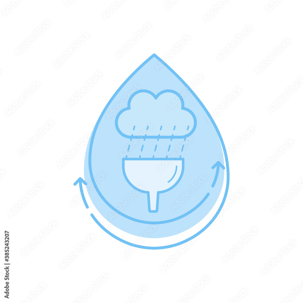Funnel collecting rainwater icon inside water drop with reuse arrow ...