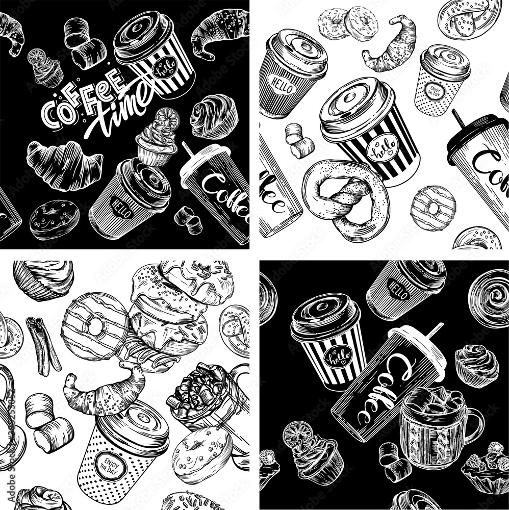 Raster seamless prints. Coffee and baking prints. Patterns for coffee ...