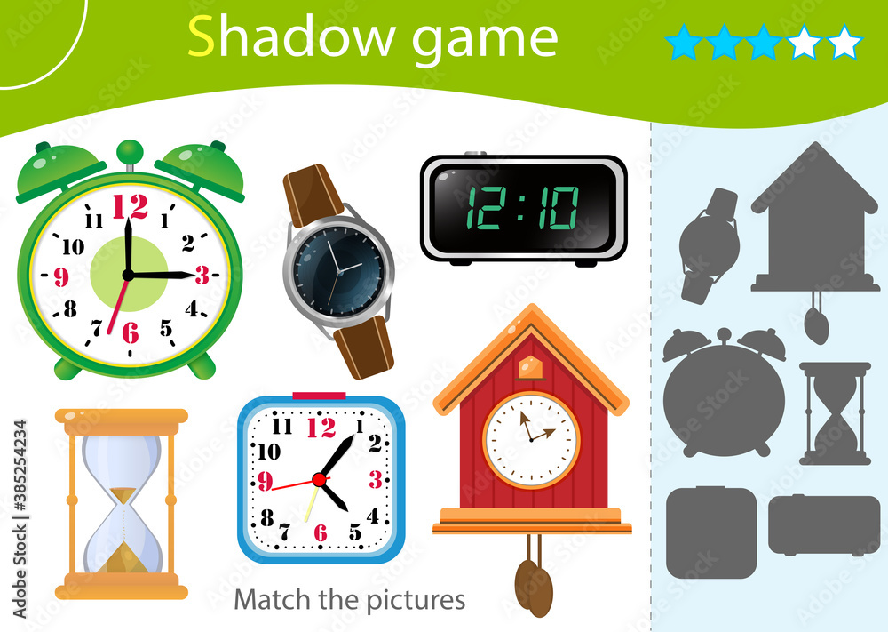 Shadow Game for kids. Match the right shadow. Color images of watches ...