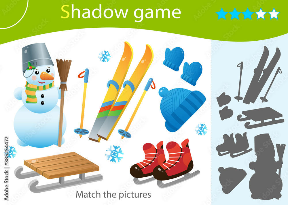 Shadow Game for kids. Match the right shadow. Color image of ski ...