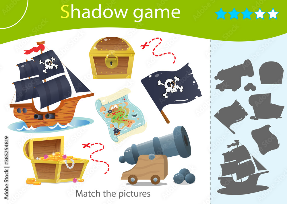 Shadow Game for kids. Match the right shadow. Color images of pirates ...