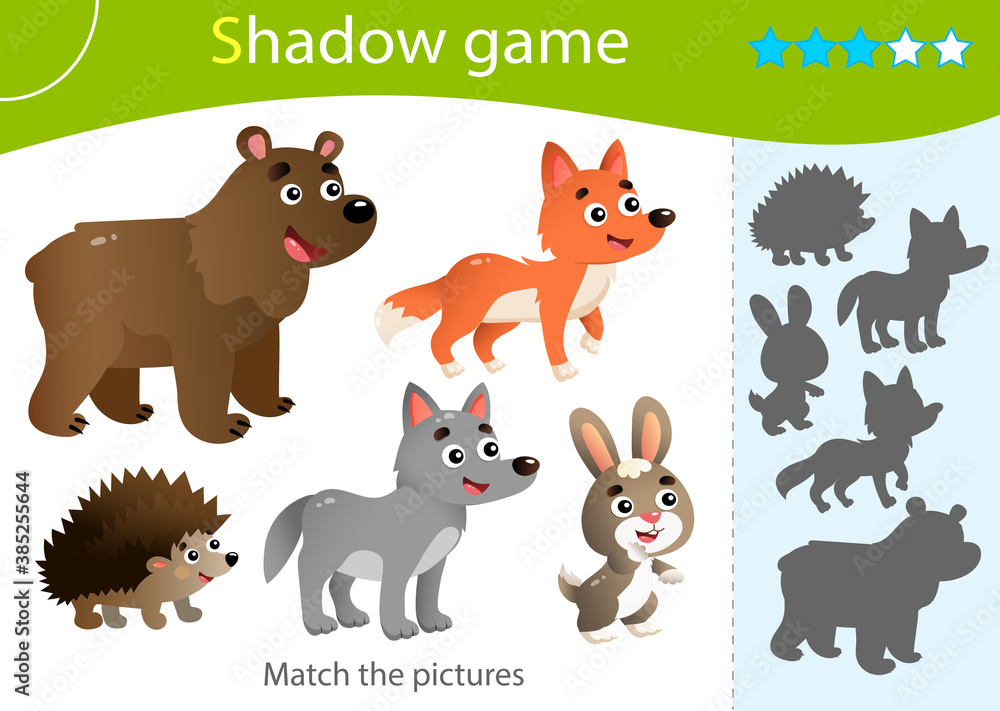 Shadow Game for kids. Match the right shadow. Color images of wild ...