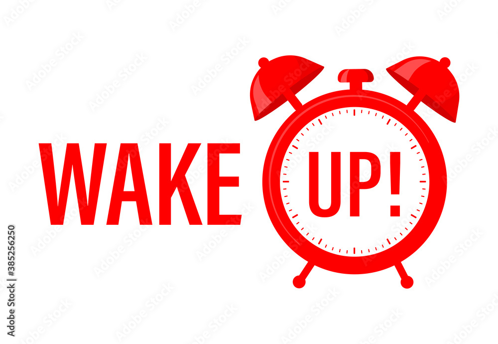 Line art illustration with red wake up alarm on halftone background for ...