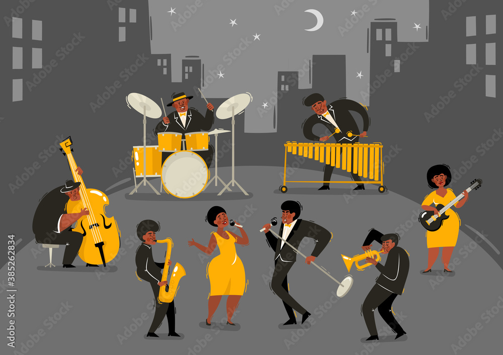Cartoon vector illustration of jazz musicians playing in street. Stock ...