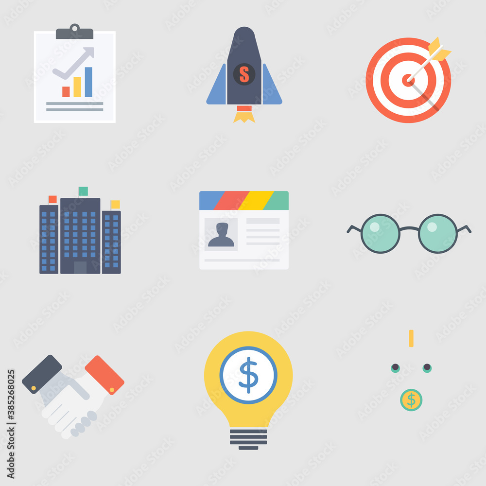 Set of colored business icons on a white background. Timeline piggy ...