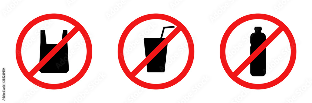 No plastic sign. Prohibited icon on white background. Red circle symbol ...