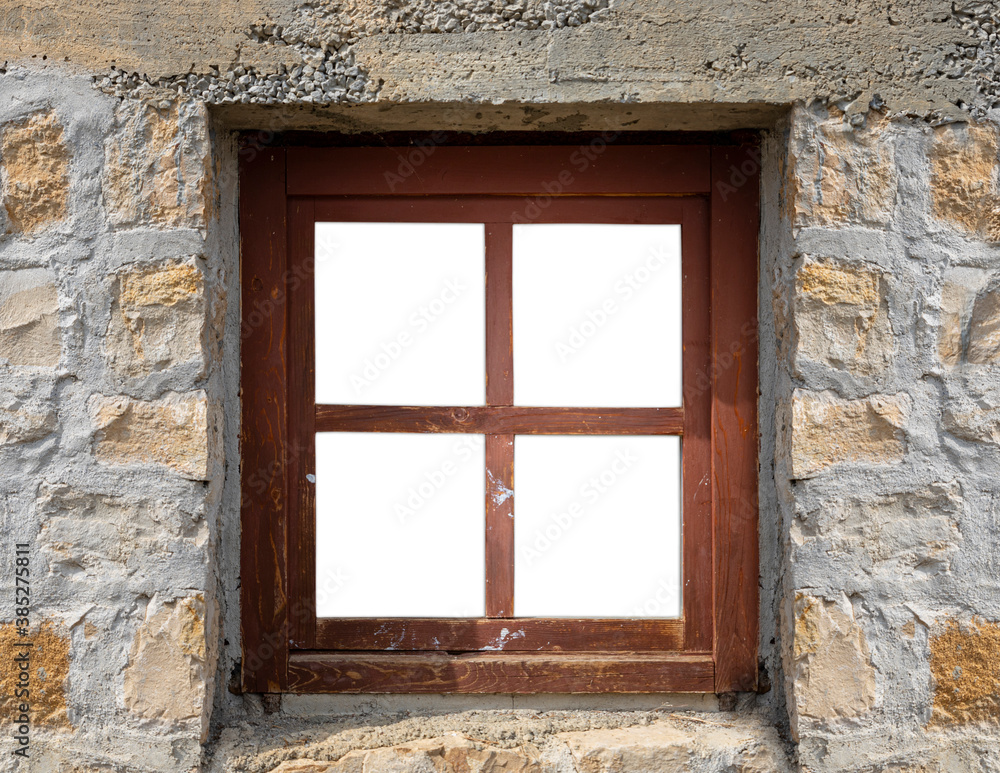 Vintage wooden window on a rustic cabine stone wall with blank space ...