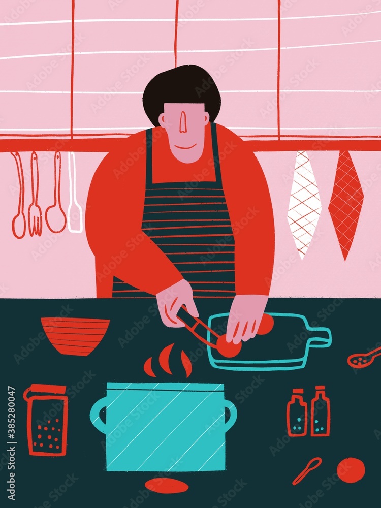 Young man cooking dinner. Freehand illustration postcard. Thanksgiving ...