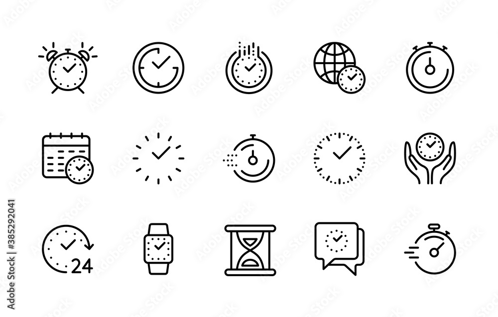 Time management, time and clock, vector linear icons set. Timer, speed ...