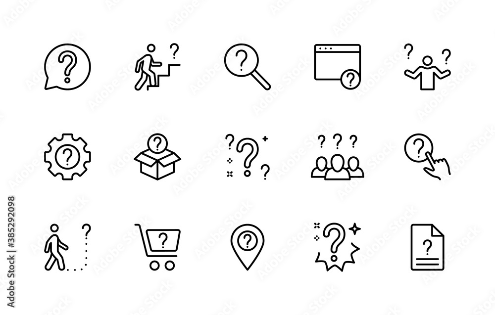 Questions and problems, ask and think, vector linear icons set ...