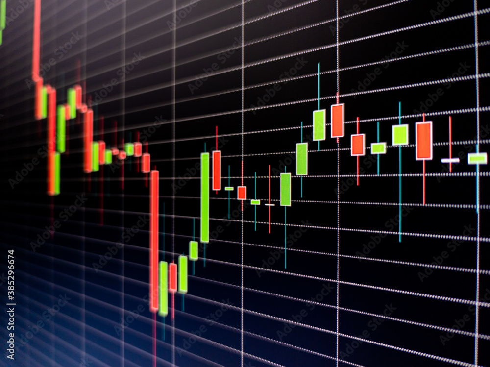 Abstract candlestick chart on dark blue digital screen. Stock market ...