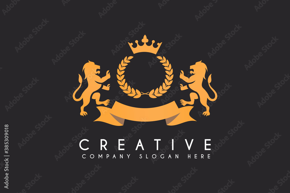 two lion with crown vector logo design isolated on black background ...