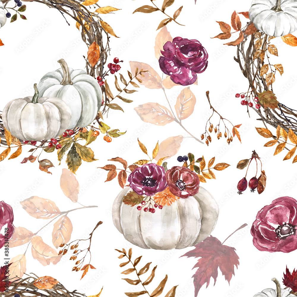 Beautiful fall floral seamless pattern with white pumpkins, burgundy ...