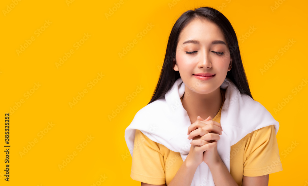 Christian young lady praying to God. Woman praying with hands together ...
