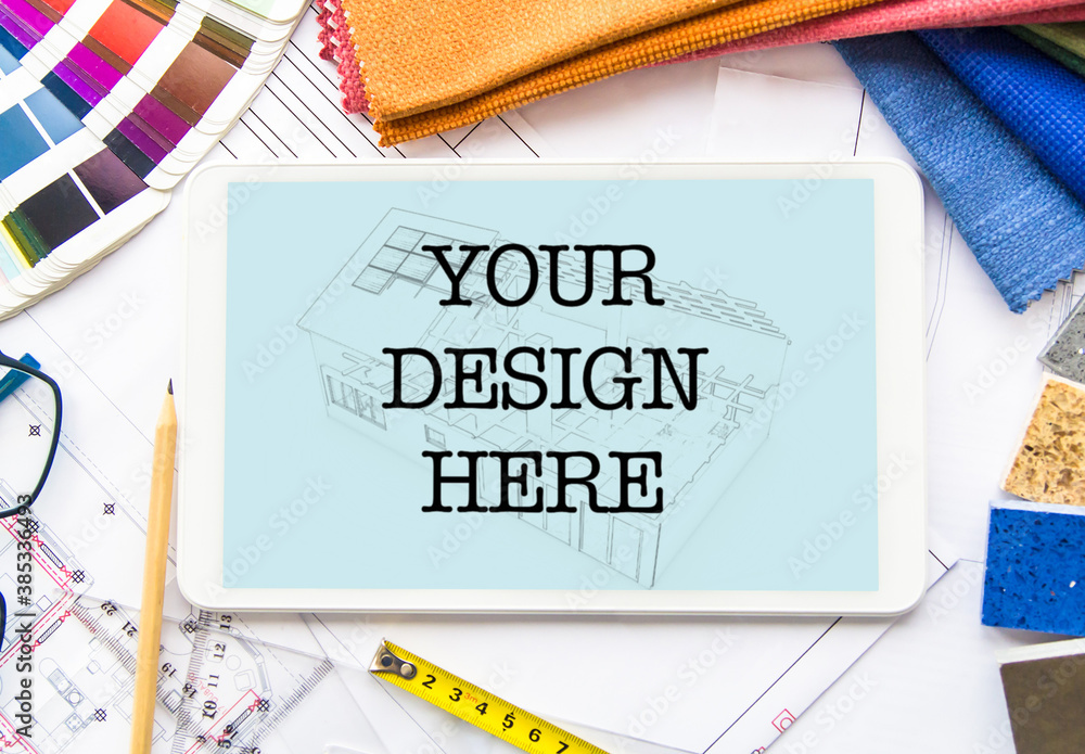 Tablet Mockup Over an Interior Design Project Stock Template | Adobe Stock