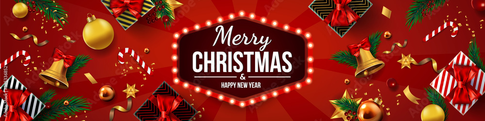 Christmas banner, Xmas sparkling lights garland with gifts box. Holiday ...