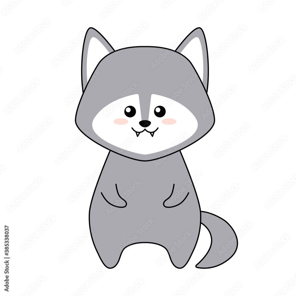 Cute little gray wolf isolated on white background. Flat design for ...