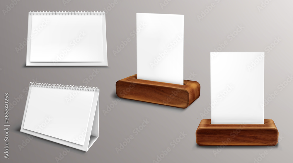 Calendar on wooden base mockup, loose-leaf almanac with blank pages and ...