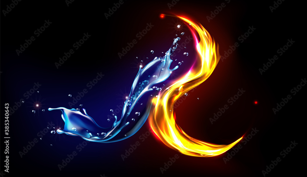 Fire and water splash abstract design, opposites unite concept, blue ...