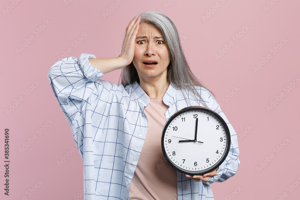 Shocked worried nervous perplexed gray-haired asian woman wearing basic ...