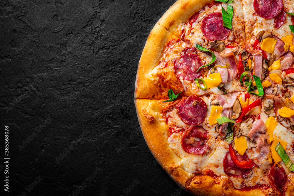 Pizza with Mozzarella cheese, salami, chicken meat, beef, ham, Tomato ...