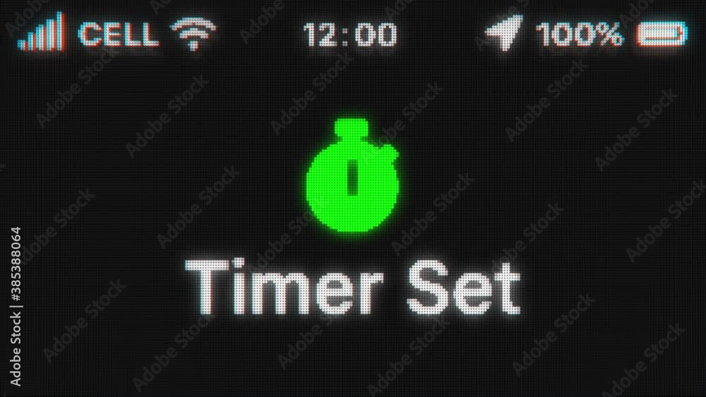 Timer Set appear on old display. Pixeled text animation with phone hud ...