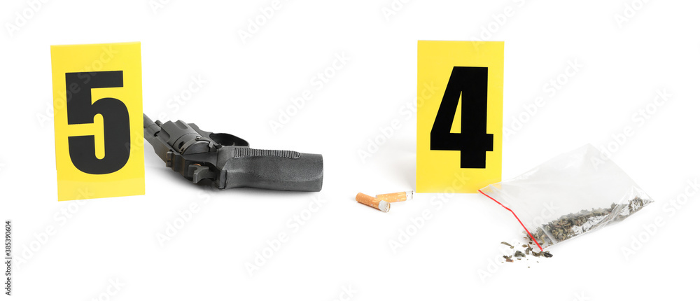 Crime scene investigation. Evidence identification markers and clues on ...