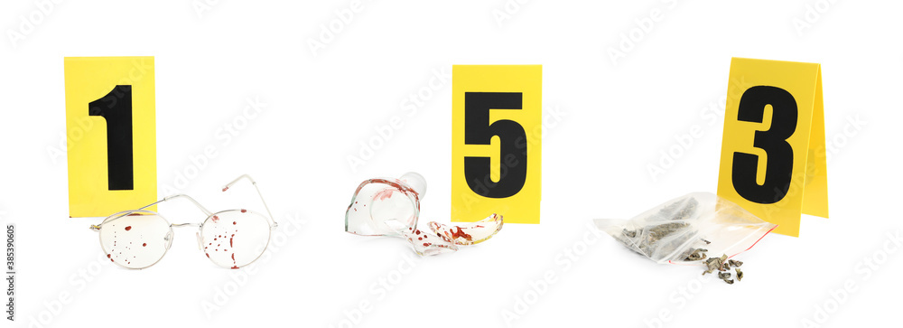 Crime scene investigation. Set of evidence identification markers and ...