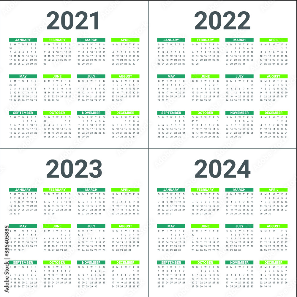 Year 2021 2022 2023 2024 calendar vector design template, simple and ...