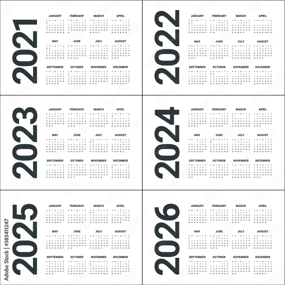Year 2021 2022 2023 2024 2025 2026 calendar vector design template ...