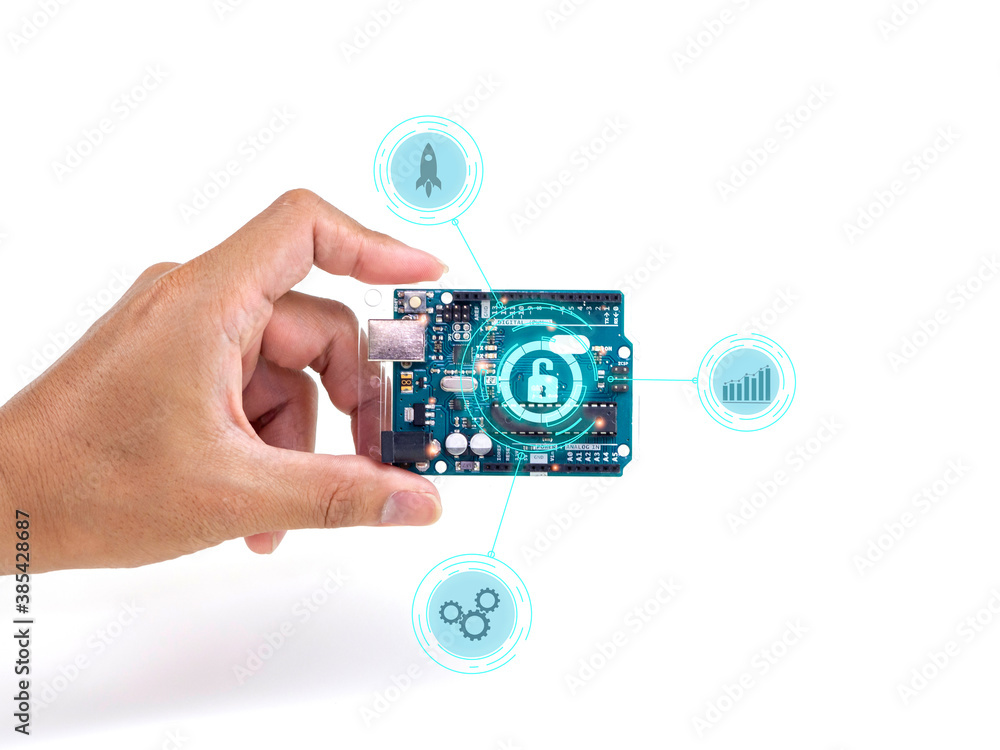 Arduino control broad element photo with infographic details Stock Photo | Adobe Stock