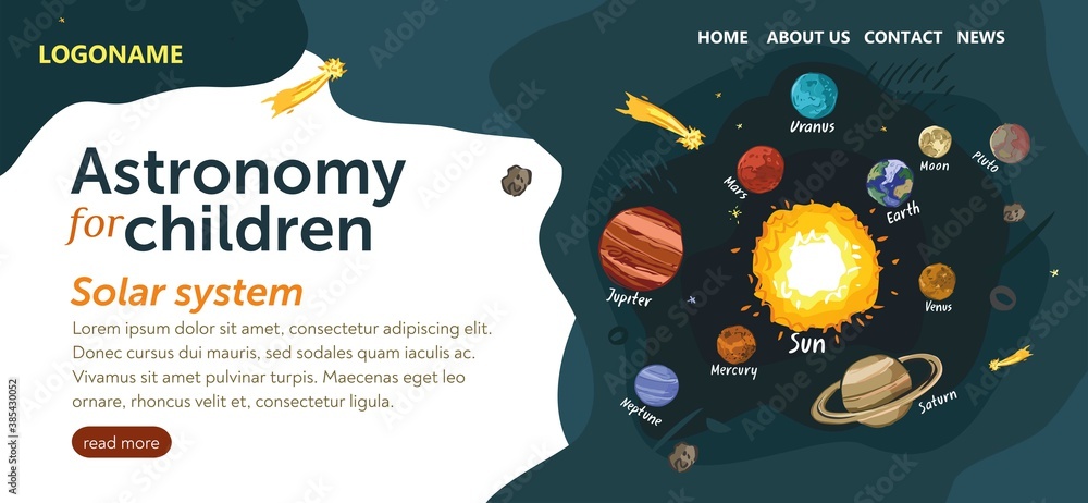 Template for landing page about astronomy for children. Banner with ...