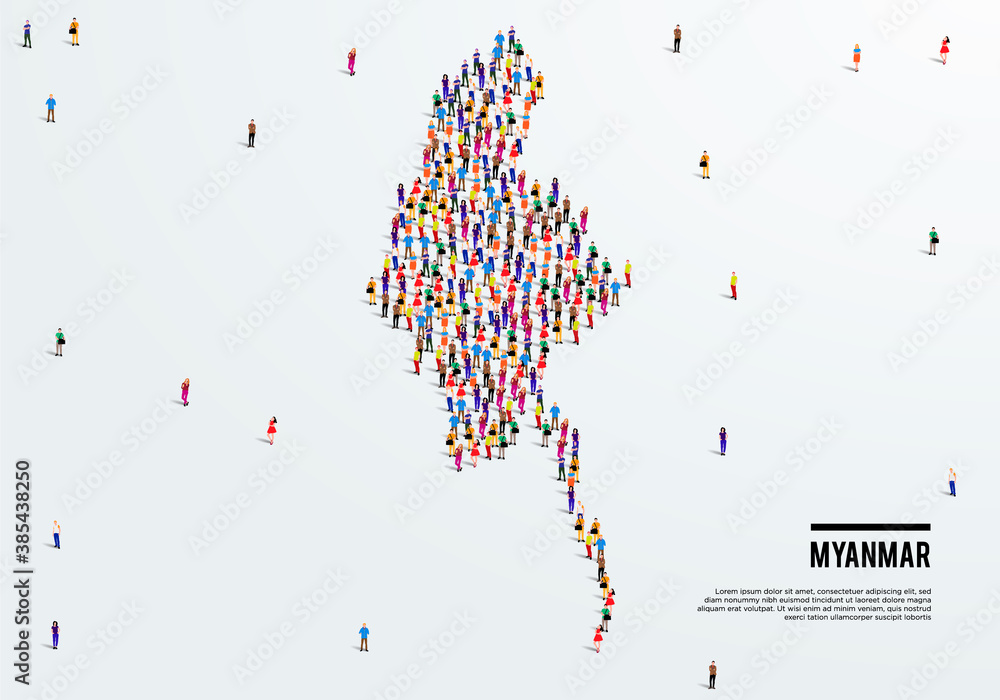Myanmar or Burma Map. Large group of people form to create a shape of ...