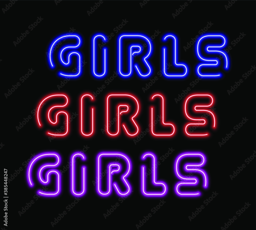 Neon lights girls sign illustration. Vector multicolor laser repeat ...