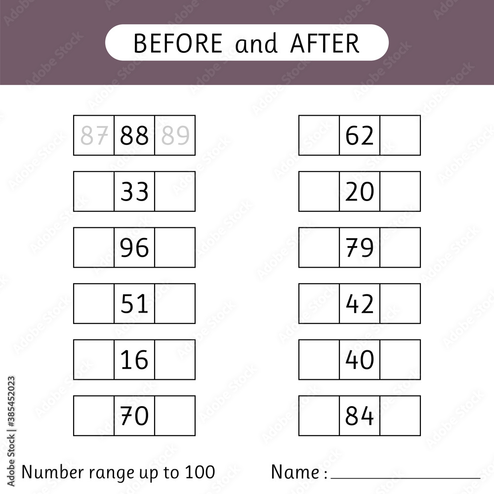 Fill in the missing numbers. Before and after. Number range up to 100 ...