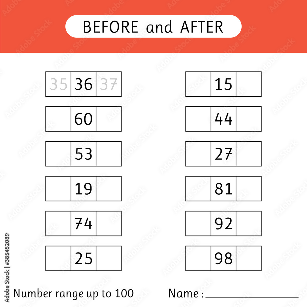 Fill in the missing numbers. Before and after. Number range up to 100 ...