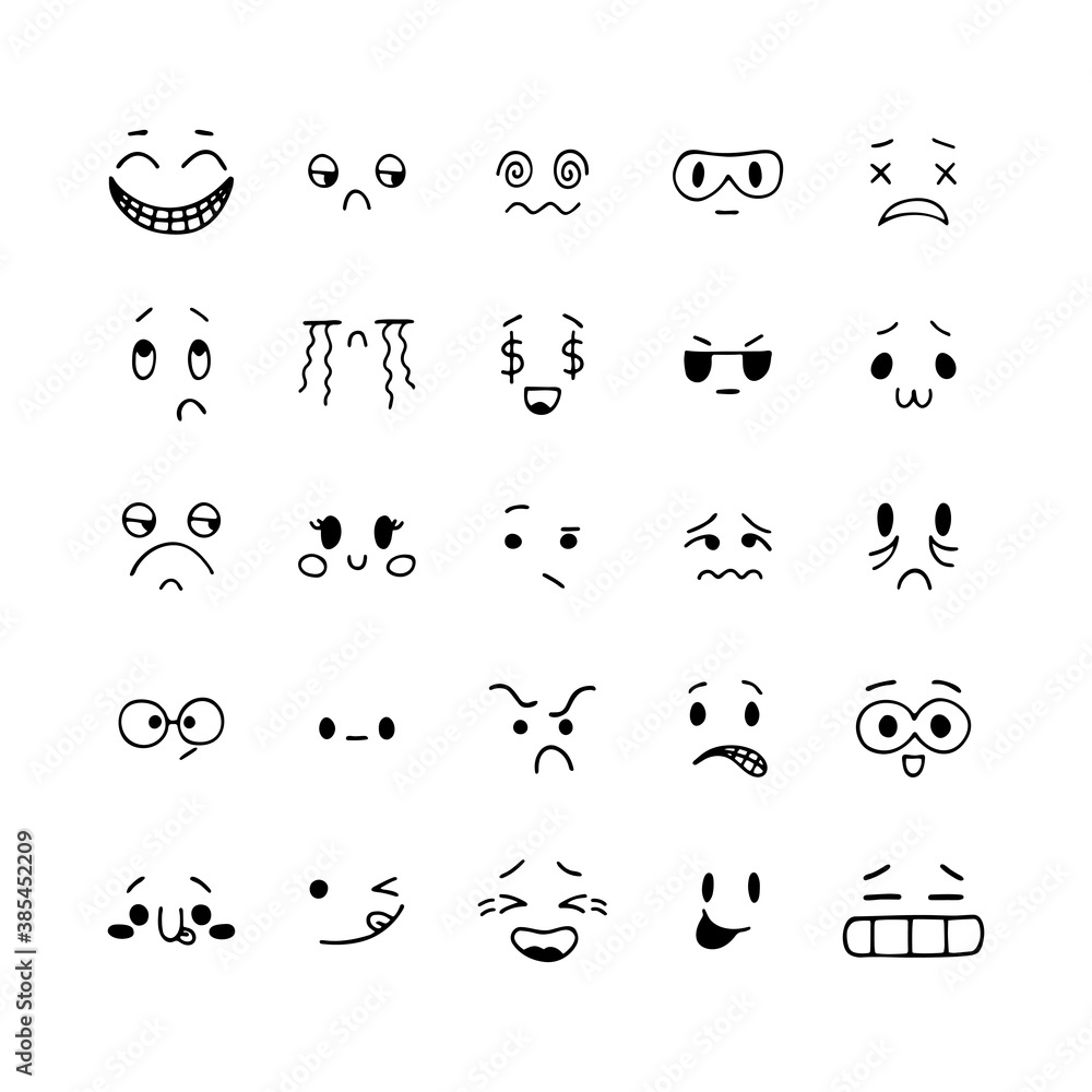 Hand drawn funny smiley faces. Sketched facial expressions set. Emoji ...