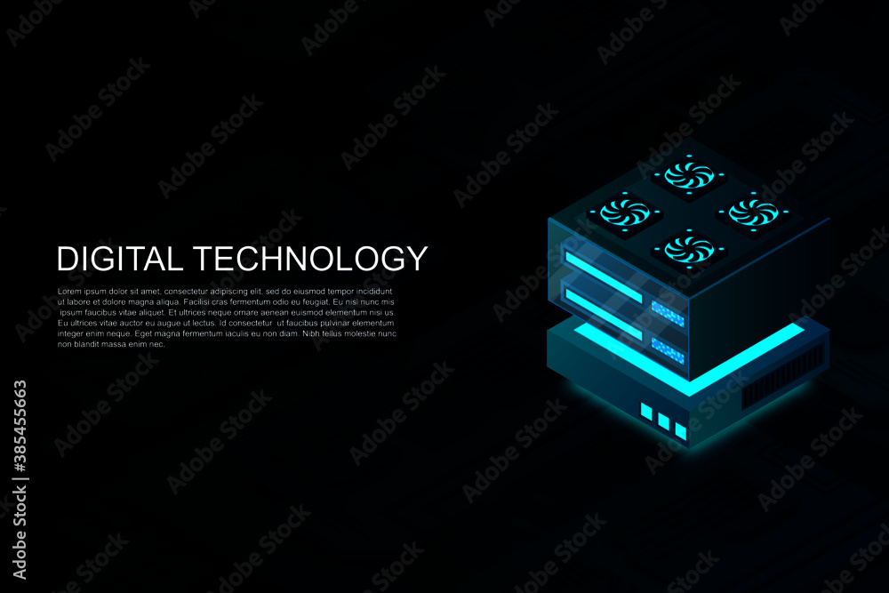 Concept of big data processing center, machine learning, cloud database, station of future, data ...