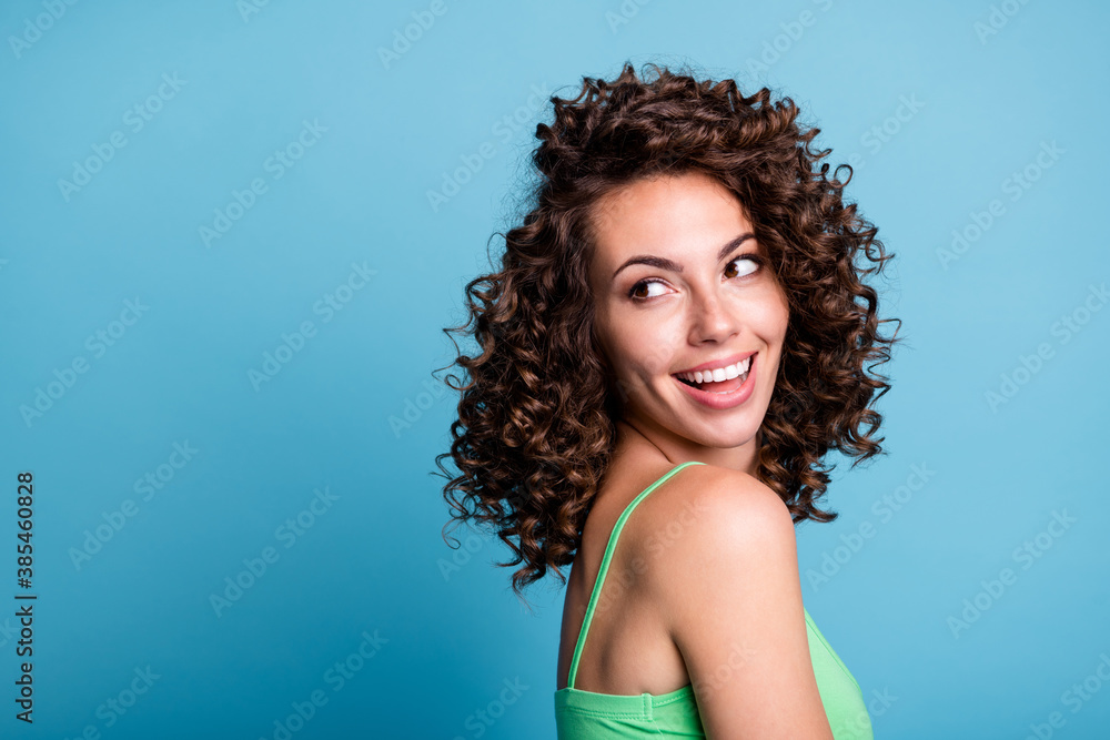 Photo of cute gorgeous youngster lady model look glad empty space see ...