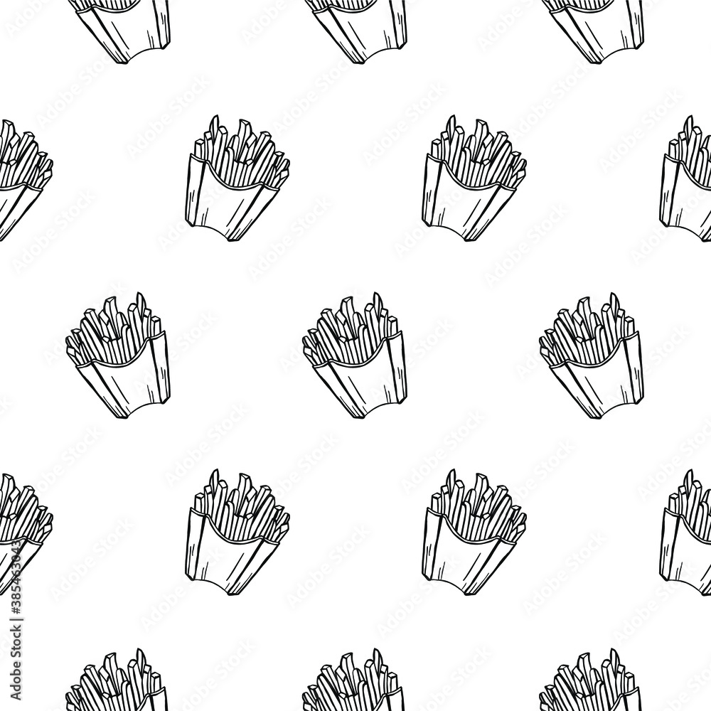 Vector pattern of French fries in black and white. Drawn by hand. Fast ...