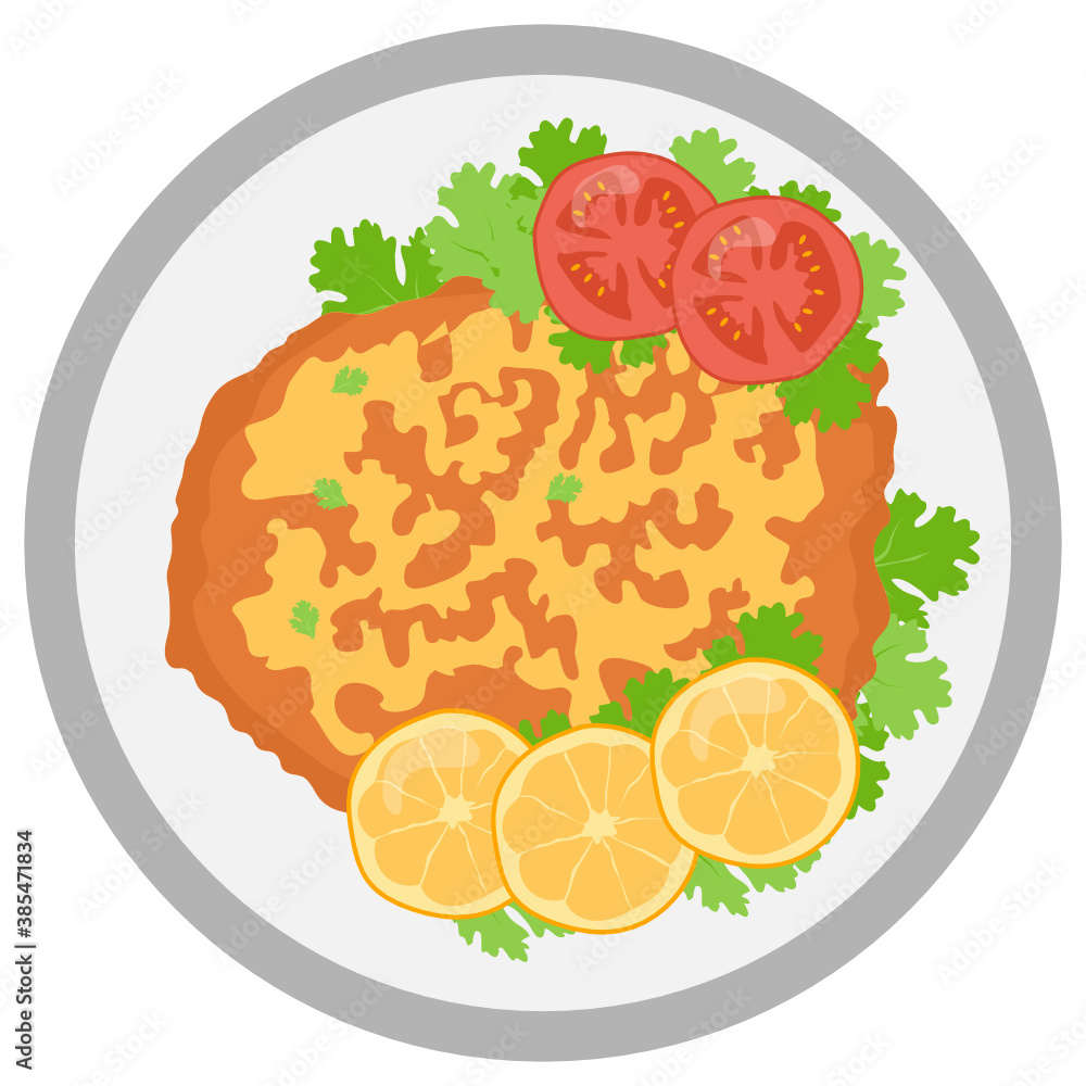 Wiener schnitzel garnished with lemon and parsle on Plate Concept, Icon ...