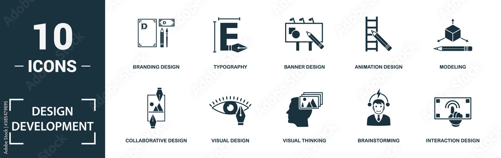 Design Development icon set. Monochrome sign collection with ...