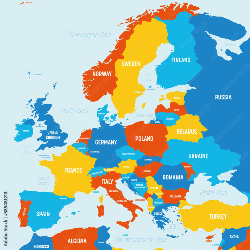 Fototapeta: Europe map - 4 bright color scheme. High detailed political ... Fototapeta: Europe map - 4 bright color scheme. High detailed political ...