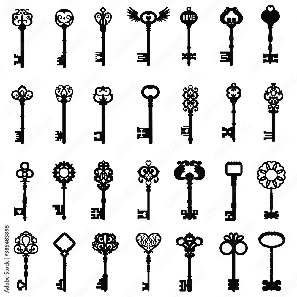 Vintage key icon vector set. antiques illustration sign collection. old ...
