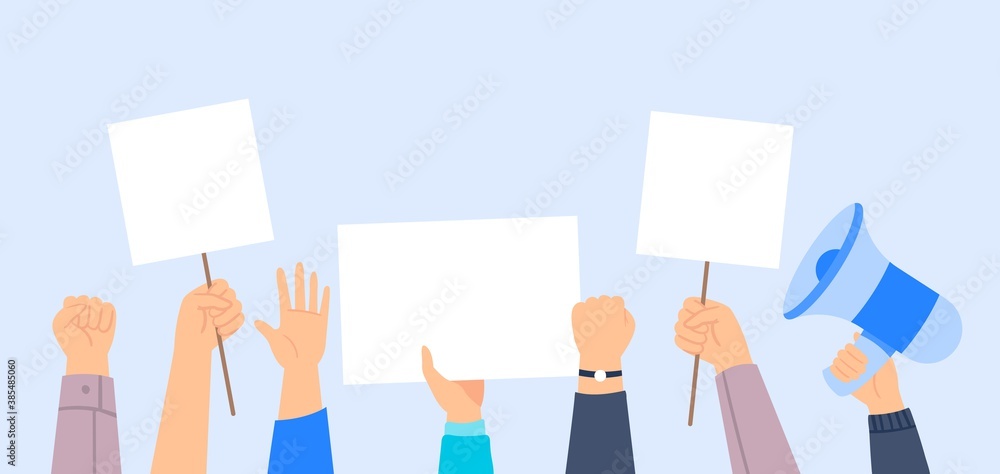 People holding protest signs. Hands holding posters and bullhorn ...