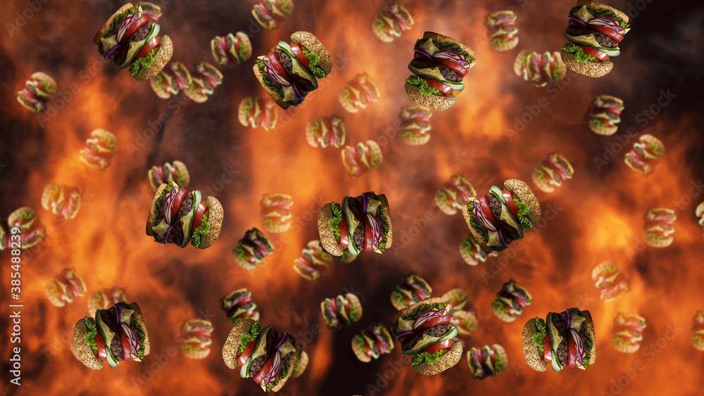 Hamburgers falling with smoke and burning fire in background. Fast food ...