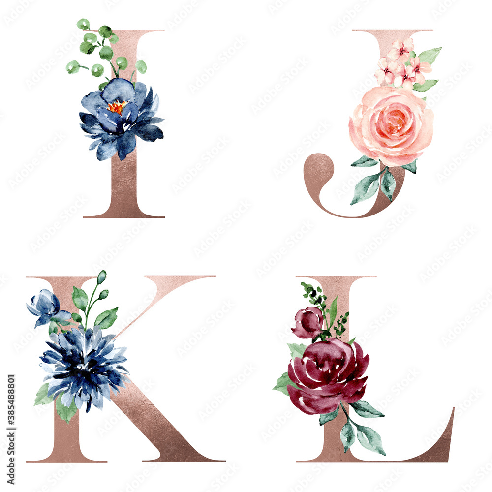Letters set, pink floral alphabet with watercolor flowers and leaf ...