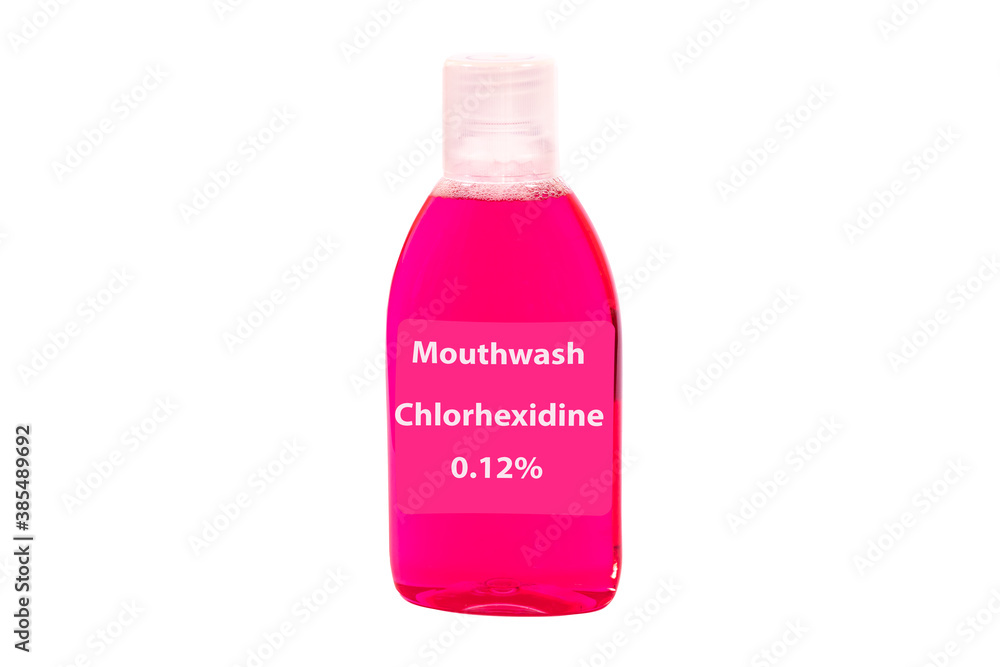Bottle with a solution of 0.12% chlorhexidine for mouthwash. Broad ...