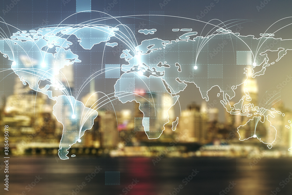 Abstract graphic digital world map hologram with connections on blurry ...