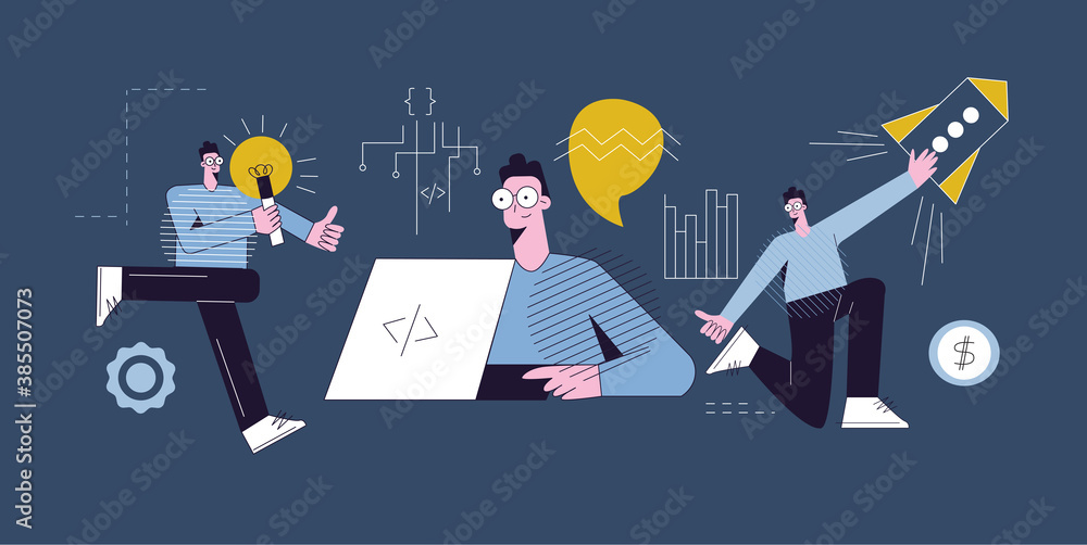 Teamwork concept. Young men are working. Idea, programming, coding ...